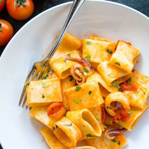 Italian Calamarata Pasta (with calamari & tomato sauce) - The Petite Cook™
