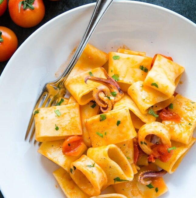 Italian Calamarata Pasta (with calamari & tomato sauce) - The Petite Cook™